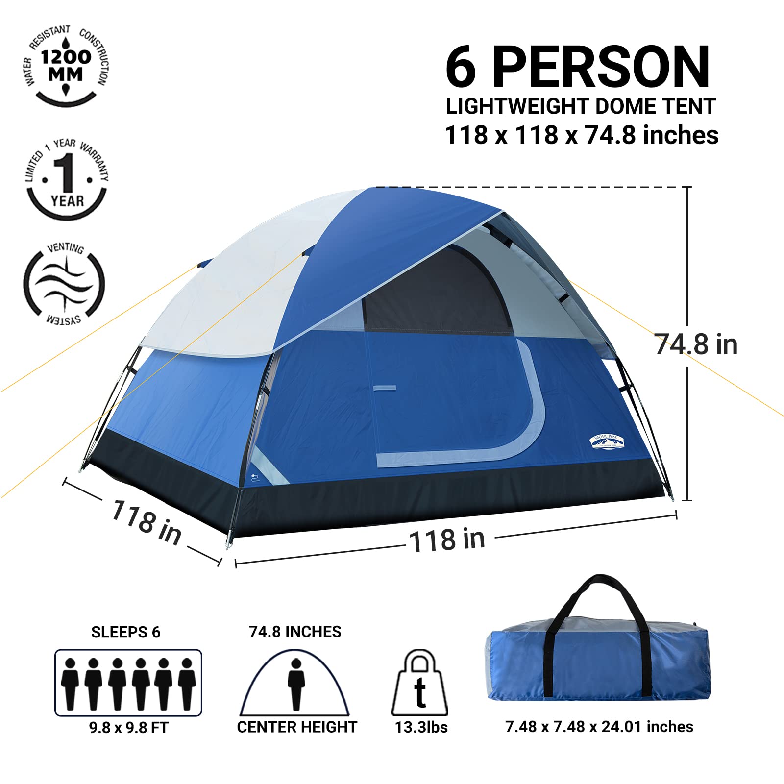 Pacific Pass Camping Tent 6 Person Family Dome Tent with Removable Rain Fly, Easy Setup for Camp Backpacking Hiking Outdoor , Navy Blue, 118.1x118.1x74.8 inches