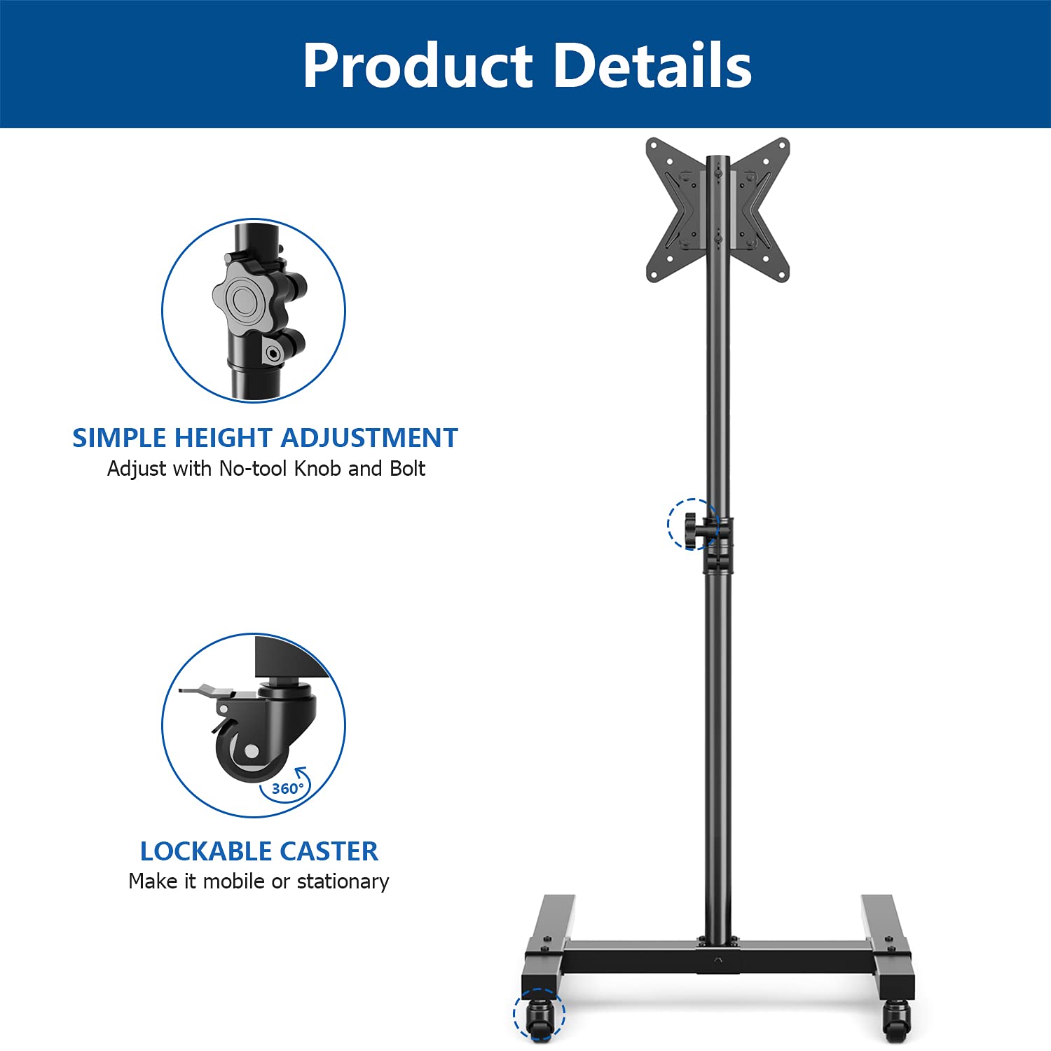 Rfiver Rolling Floor TV Stand with Mount for 13-43 Inch Flat Screen/Curved TVs, Portable Mobile TV Cart Display Stand with Wheels and Height Adjustable, Black