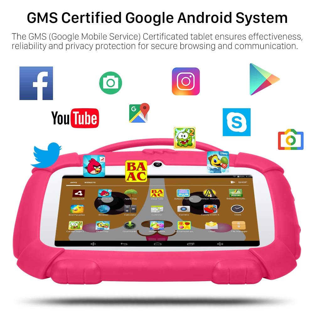 Padgene Kids Tablet 7 Inch,Android 9.0 Parental Control Kids Mode Pre-Installed WiFi Tablet Learning Games Camera IPS HD Display 1 GB+16GB with Kid-Proof Case (7 Inch, Pink)