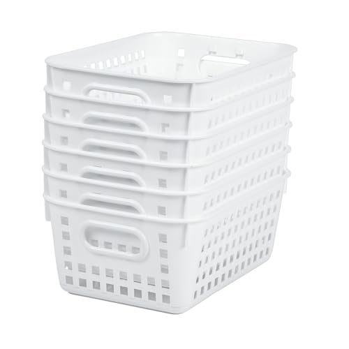 Really Good Stuff Medium Plastic Book Baskets, 11" by 7?" by 4?" - 6 Pack, White | Versatile Storage Solution for Classroom, Home and Office l Toy Storage, Multi-Purpose Organizer Basket