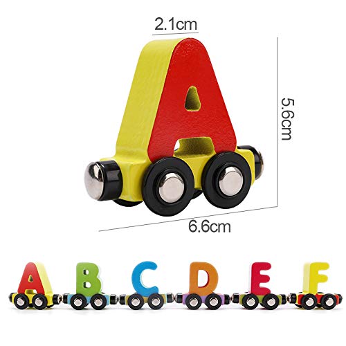 QUOXO Wooden Trackless Trains Set, Alphabets Numbers Magnetic Train Cars for Children Early Educational (Letter Train)
