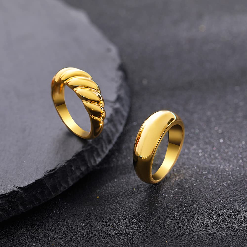 WFYOU 8PCS 18K Gold Plated Chunky Rings for Women Thick Dome Chunky Gold Ring Set Croissant Signet Minimalist Statement Ring Jewelry Size 5-9