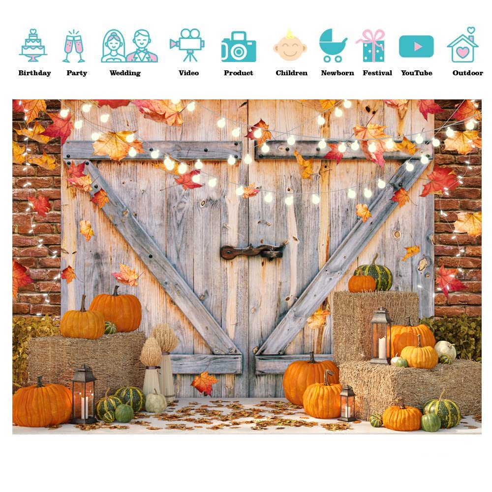 SJOLOON Autumn Backdrop Fall Pumpkin Harvest Photo Backdrop Thanksgiving Day Backdrop Barn Door Maple Leaf Backdrops for Photography Studio props12457 (7x5FT