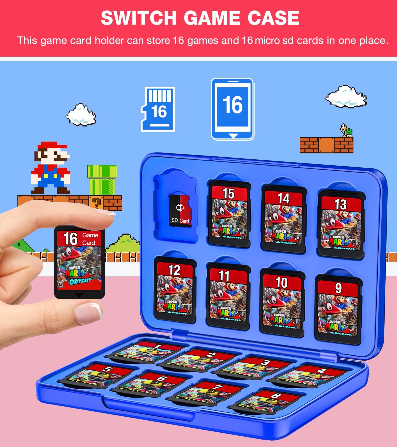 Switch Game Case Compatible with Nintendo Switch Game, Switch Game Holder Storage Game Card, SD Cartridge with Soft Rubber, Hard Protective Shell, Magnet Closure, Switch Cartridge Organizer 16 Blue