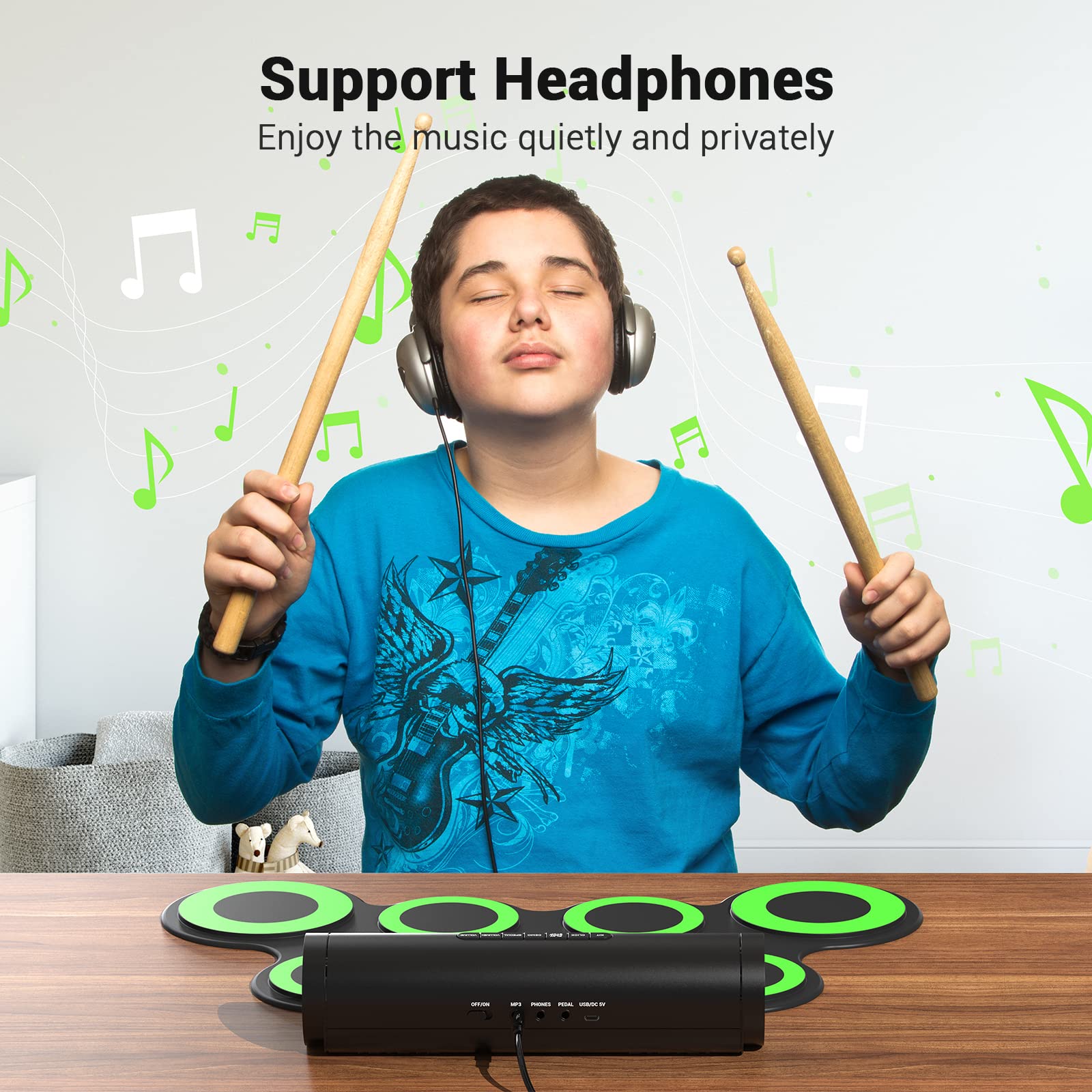 PAXCESS Electronic Drum Set, Roll Up Drum Practice Pad Midi Drum Kit with Headphone Jack Built-in Speaker Drum Pedals Drum Sticks 10 Hours Playtime, Great Holiday Birthday Gift for Kids (Renewed)