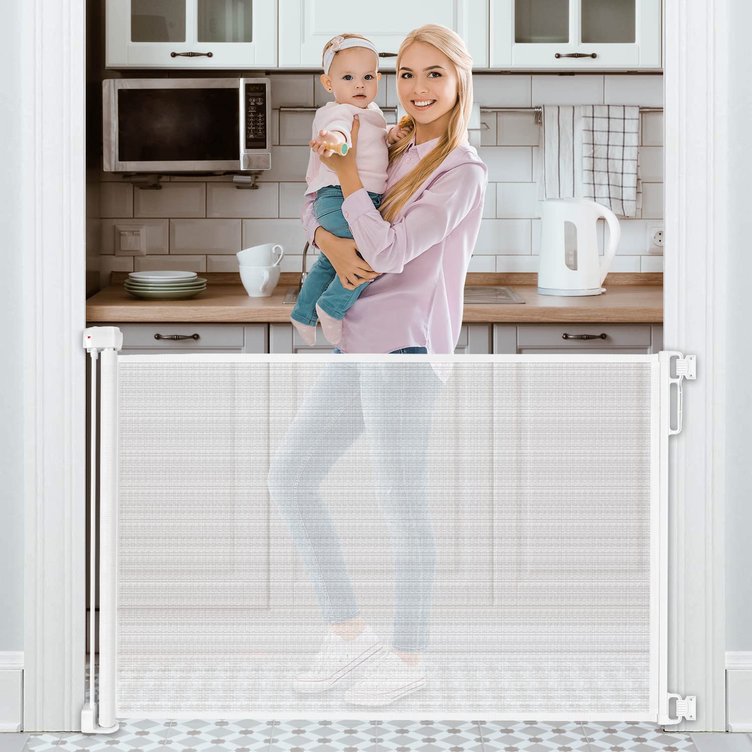 Retractable Baby Gate 54β Tough Durable Mesh Outdoor Retractable Gate Indoor Safety Mesh Baby Gates, Pet Dog Gate