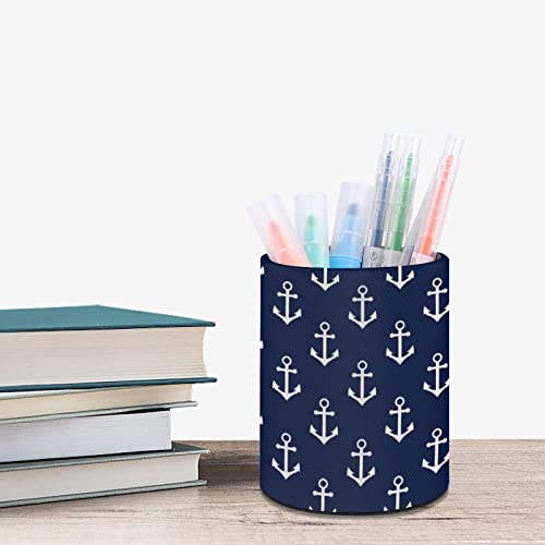 Naby Blue Anchor Pen Holder PU Leather Pencil Cup Cute Desk Organizer Makeup Brush Box for Home Office