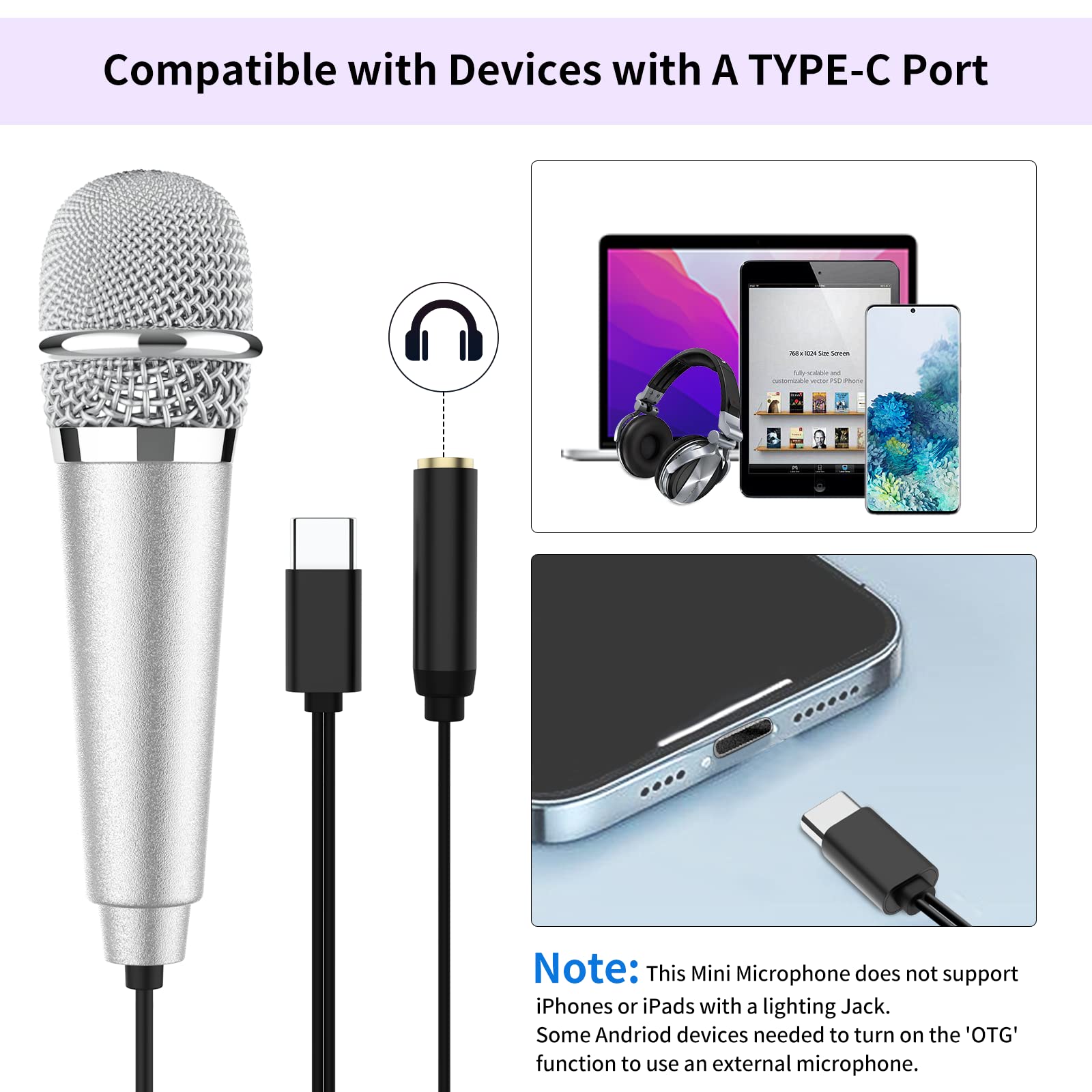 USB C Mini Karaoke Microphone for Android Phone, Laptop Small ASMR Microphone for Voice Video Recording Singing, Vlogging, Podcasting YouTube(Silver*1)