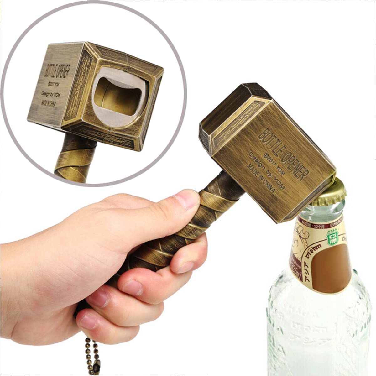 VEADOOLLY Thor Hammer Beer Bottle Opener with Magnetic Cap for Attachment Fridge Door, Stainless Steel Automatic Beer Bottle Opener Ideal for Home, Bar, and Kitchen - Gift for Beer Lovers (Gold)