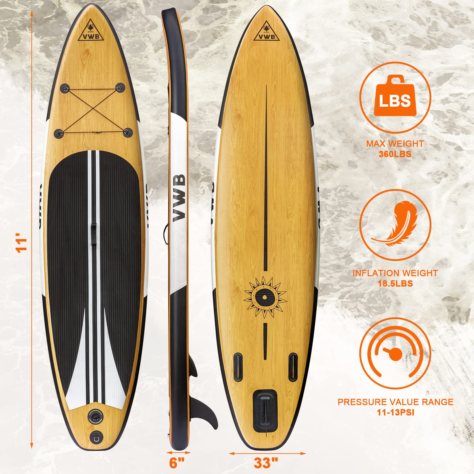 VWB Inflatable Stand Up Paddle Board (11'×33"×6") with SUP Accessories & Backpack Non-Slip Deck Waterproof Bag Adjustable Paddle Hand Pump Leash Caudal Fin Repair Kit for Youth & Adult BLACK&WHITE