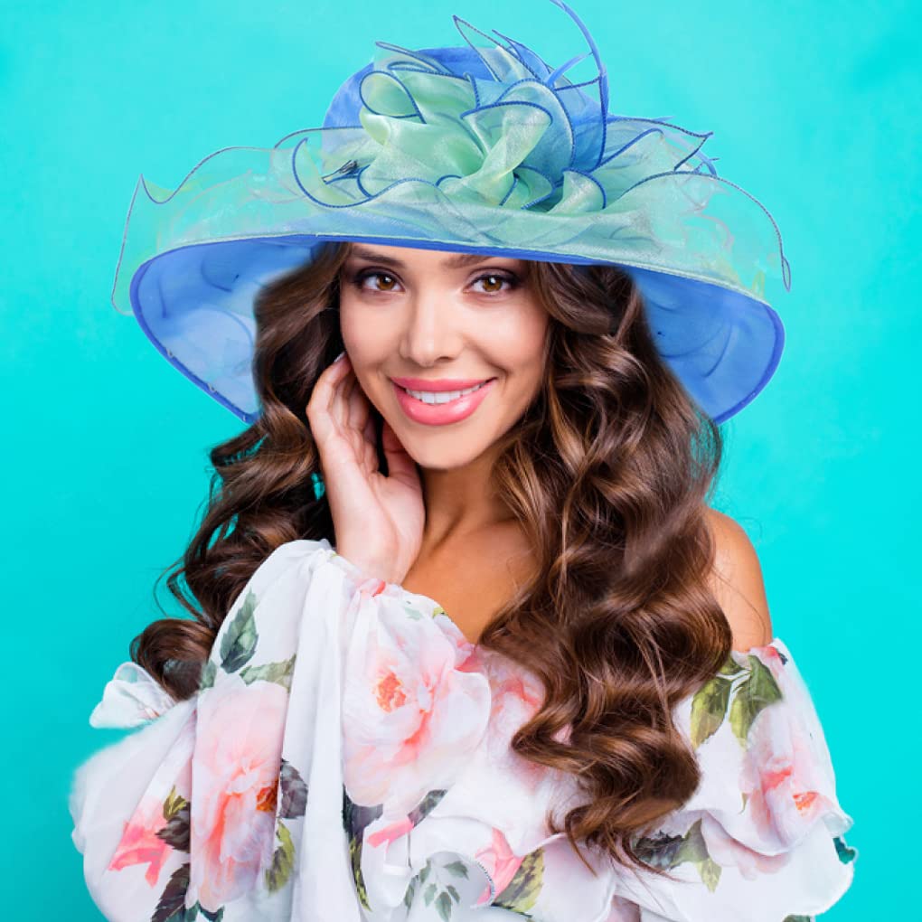 Ruphedy Women Derby Church Dress Fascinator Wide Brim Tea Party Wedding Hats S042b (S615-Turquoise)