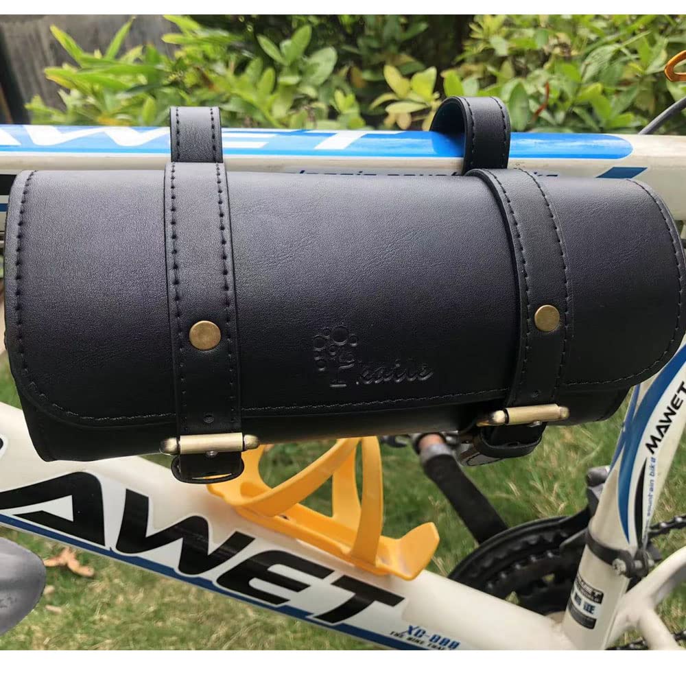 Retro Bicycle Handbar Bag Front Tube Beam Bag Bike Frame Saddle Bag Leather (Black)