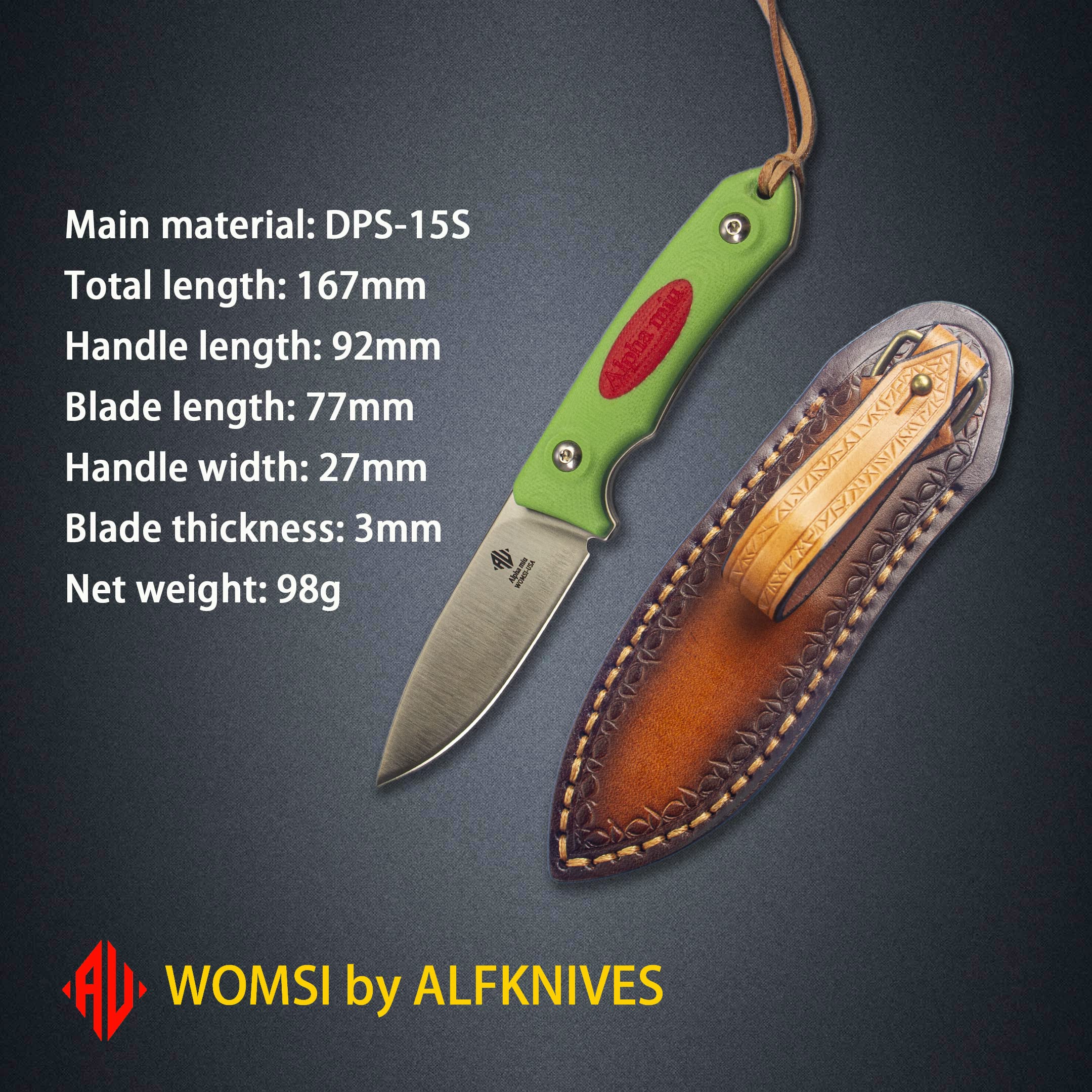 WOMSI Hunting Knife,Full Tang 6.57",DPS15-S Power Steel Blade,Sonorous&durable G10 Handle with Leather Sheath(Green)