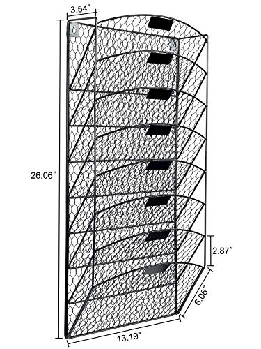 PAG Office Wall Organizer Metal Chicken Wire Hanging File Holder Paper Mail Literature Rack, 8 Pockets, Black