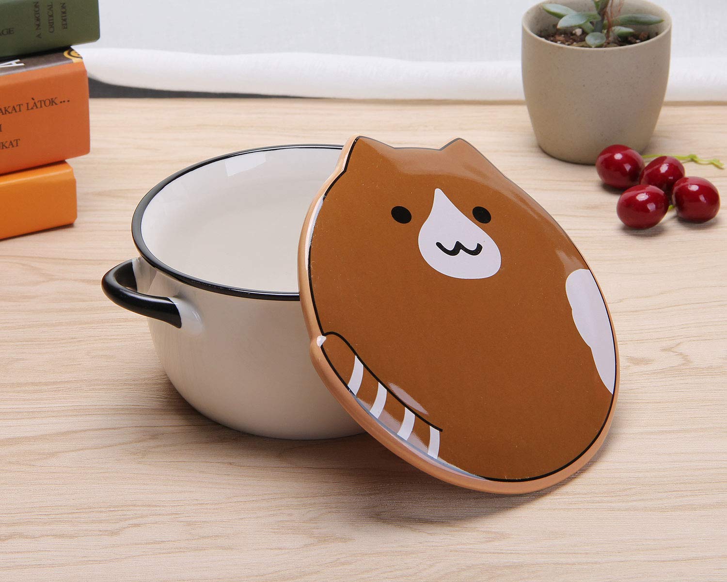 VanEnjoy Big Capacity 24oz 3D Cute Cartoon Microwave Ceramic Soup Cat Bowl Instant Noodle Bowl Cereal Bowl for Salad Fruit Vegetable with Ceramic Kitty Cat Lid and Handles (coffee)