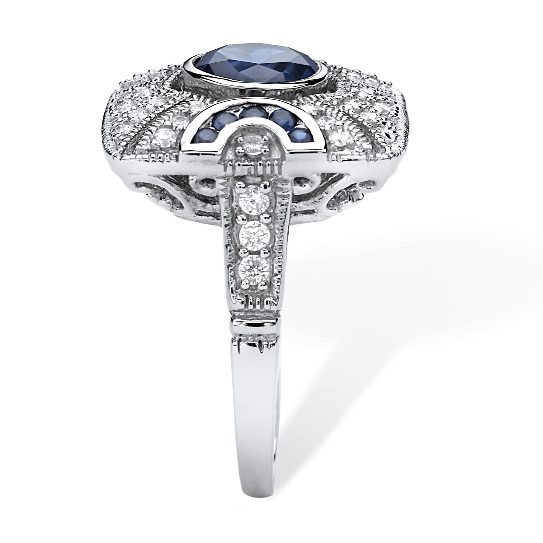 PalmBeach Jewelry Platinum-plated Sterling Silver Round Created Blue Sapphire and Cubic Zirconia Art Deco Style Ring Sizes 6-10 Size 6