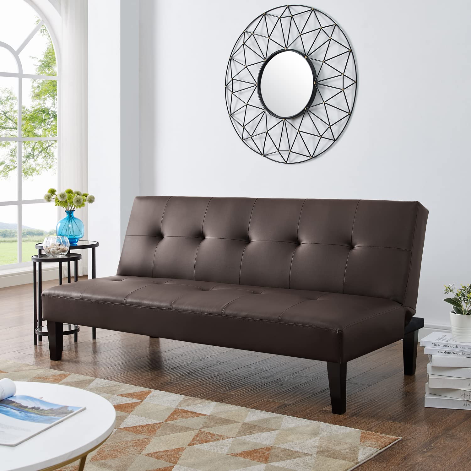 Naomi Home Durable Futon: Perfect for Both Couch Bed and Small Futon Sturdy Build Modern Faux Leather Futon Couch - Low-Maintenance Upholstery - Customizable Positions - Easy Assembly, White