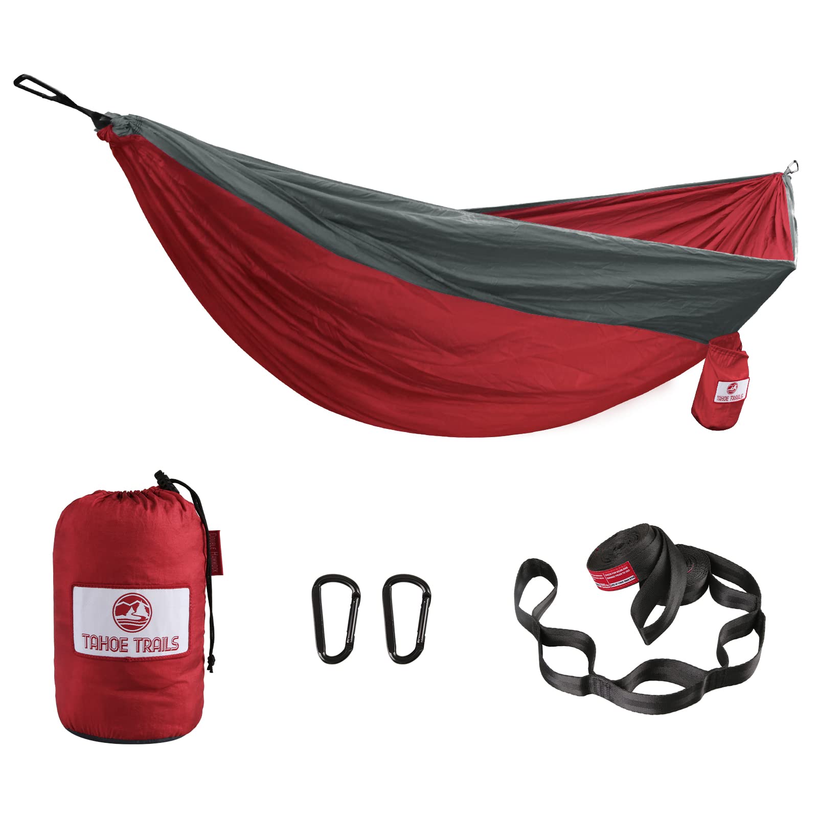 Tahoe Trails Double Camping Hammock for 2 People with Tree Straps, Lightweight Portable Nylon Parachute Hammock for Hiking, Traveling, Backpacking and Backyard, Red & Dark Grey