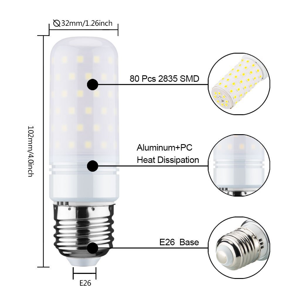 Rayhoo E26 E27 LED Light Bulbs Daylight 12W 1200 Lumens Incandescent 100-120W Bulb Equivalent, AC 85~265V, White 6000K, 4 Pack