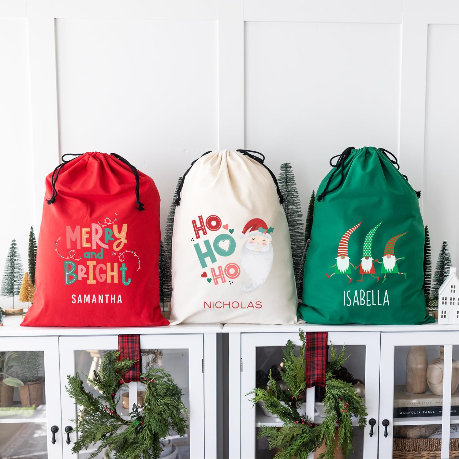 Qualtry Personalized Santa Sack Christmas Bag for Kids Presents (Santa Ho Ho Ho Design, Red 14β x 20.5β) - Medium Cotton Sack with Drawstring - Toy Bag with Name