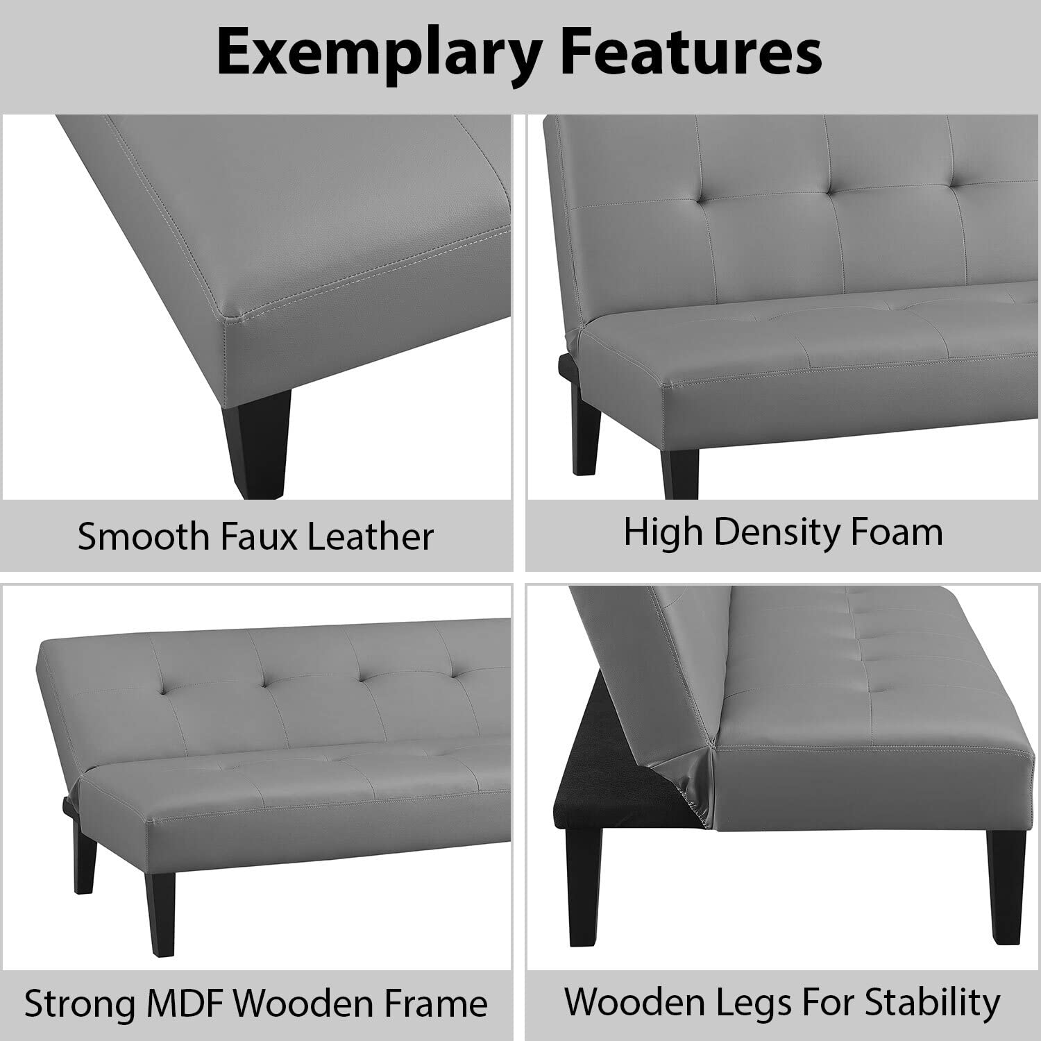 Naomi Home Durable Futon: Perfect for Both Couch Bed and Small Futon Sturdy Build Modern Faux Leather Futon Couch - Low-Maintenance Upholstery - Customizable Positions - Easy AssemblyGray