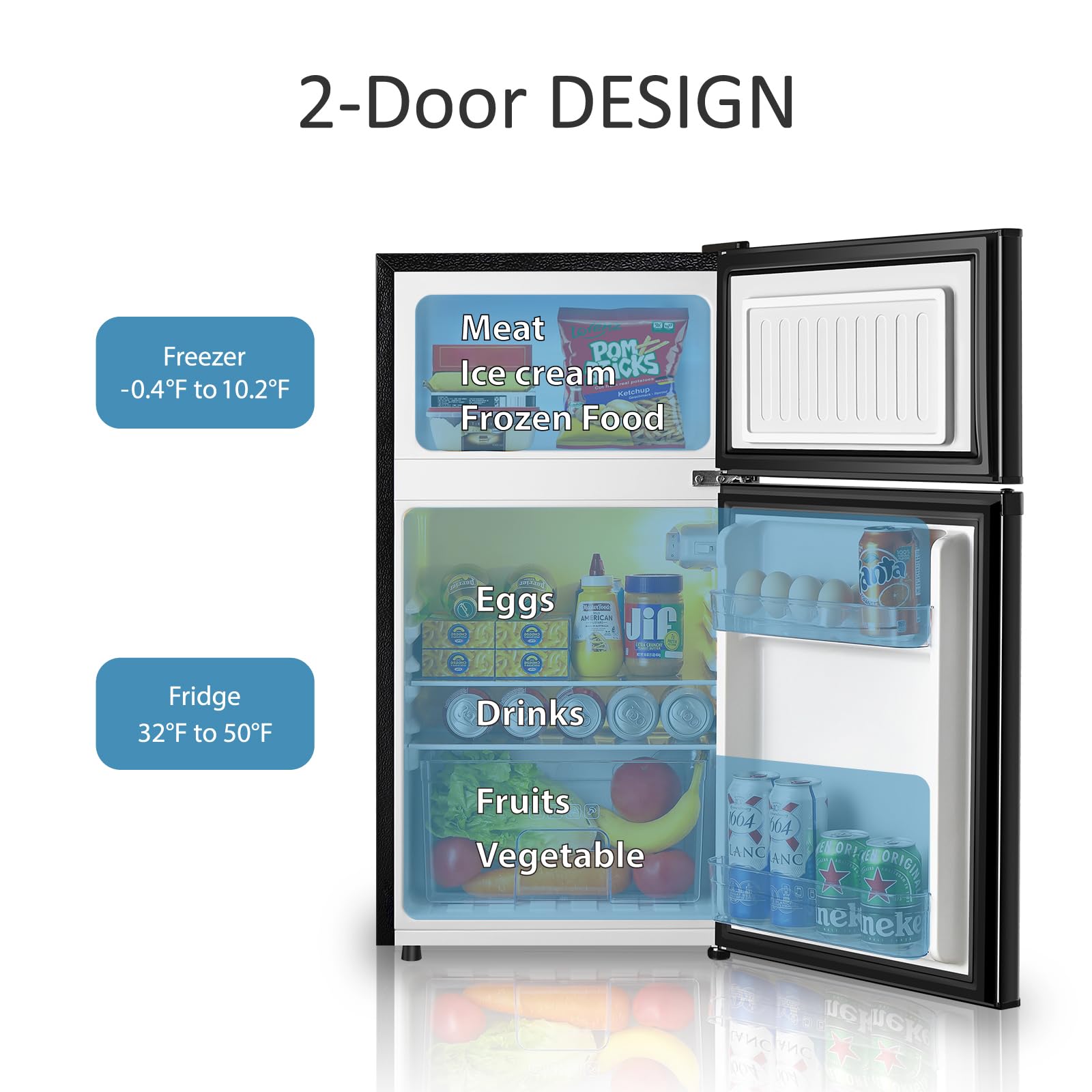 Saeoola Mini Fridge with Freezer, 3.2 Cu.Ft, 2 Doors Compact Refrigerator with Freezer, Mini Refrigerator with Freezer for Dorm, Bedroom, Apartment, Kitchen, Office (Sliver2)