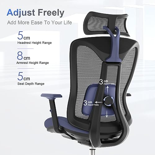 Office Chair, Ergonomic Desk Chair with Seat Slider, 4D Pillow Lumbar Support Height & Depth Adjustment, Tilt Lock, Adjustable Headrest & Armrest, Curved Cushion Computer Chair Home Office Desk Chairs