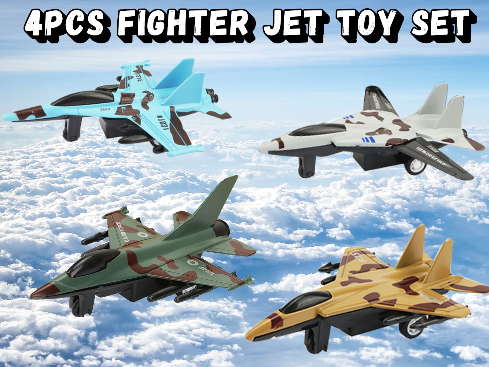 Vbacala Pull Back Airplane Toy Set Die Cast Metal Military Themed Fighter Jets, Models Aircraft Plane for Kids Toy Set Collection - 4 Pcs