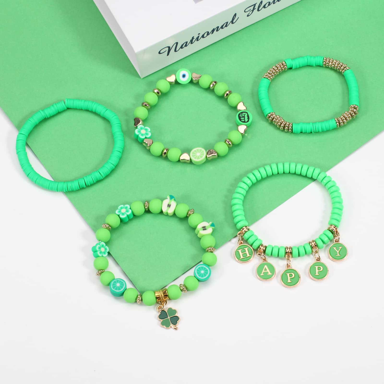 Twinfree St. Patrick's Day Bracelets for Women Stretch Stackable Green beads Bracelet with Shamrock HAPPY Letters
