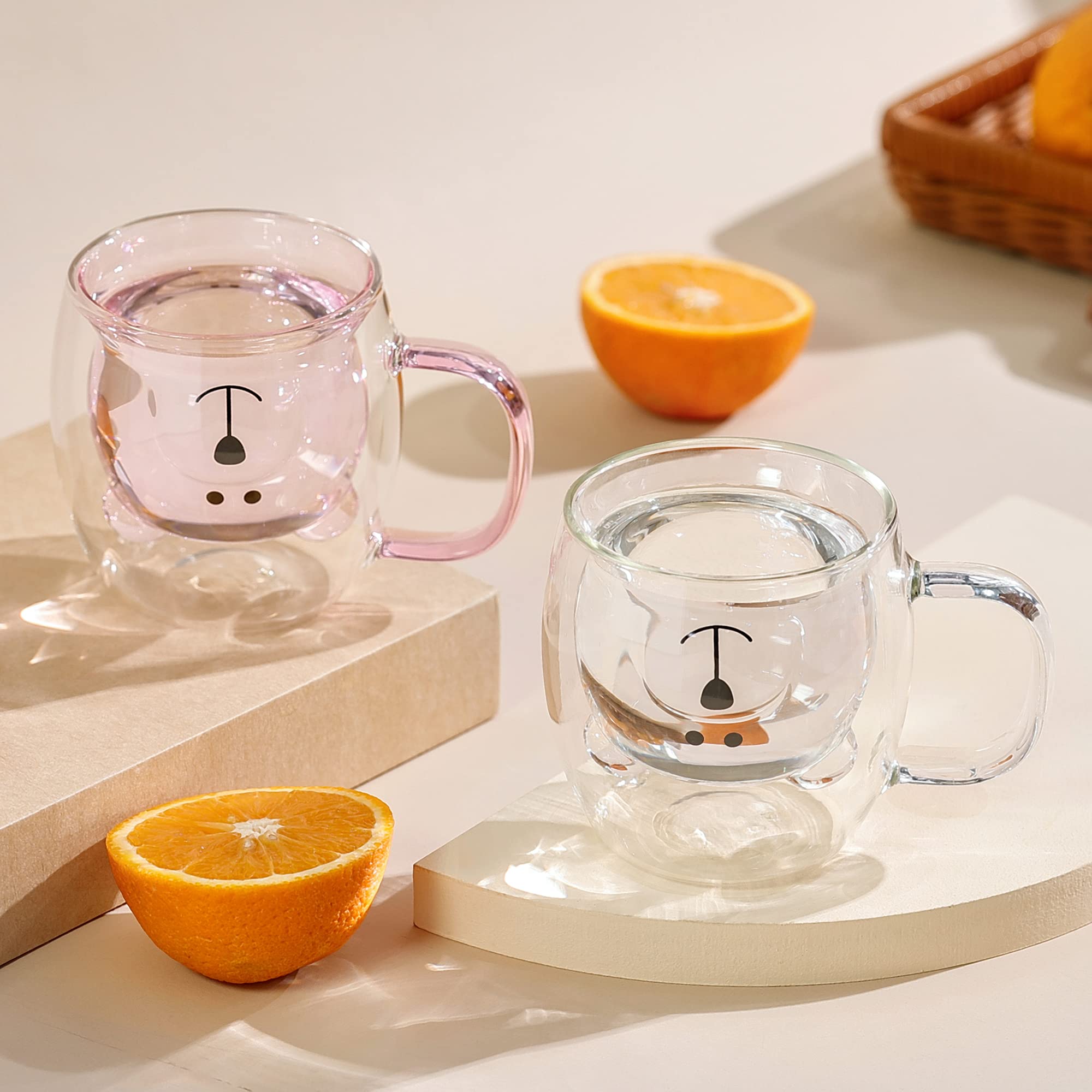 SHENDONG Cute Bear Mugs Set of 2 Cute Cups Bear Tea Coffee Cup with Handle 8.5oz Milk Cup Double Wall Insulated Glass Espresso Cups Glass Gift for Birthday Valentine's Day and Office (White Pink)