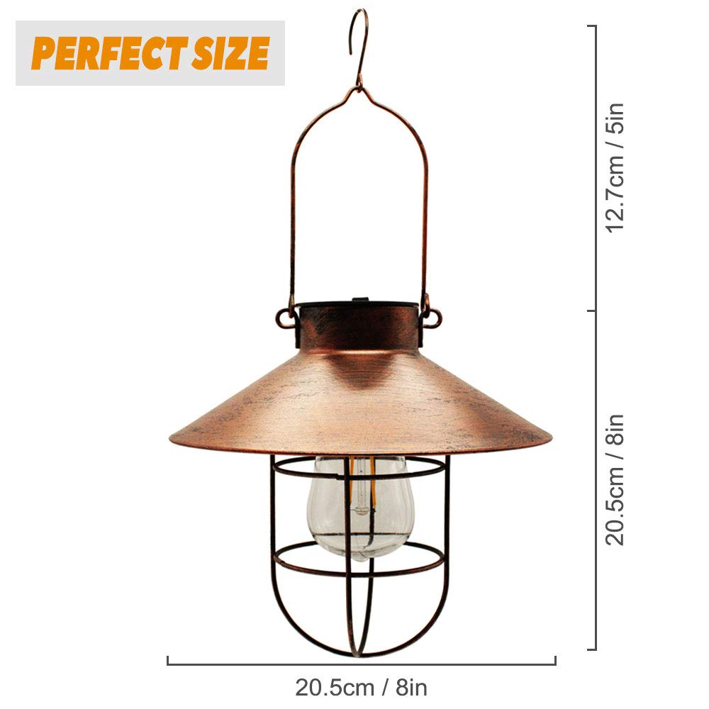 Retro Metal Solar Lanterns Outdoor Hanging Warm White Solar Garden Lights with Shepherd Hook, Greenke Waterproof Retro Pendant lamp for Pathway Patio Yard Decor (Large/ Copper)