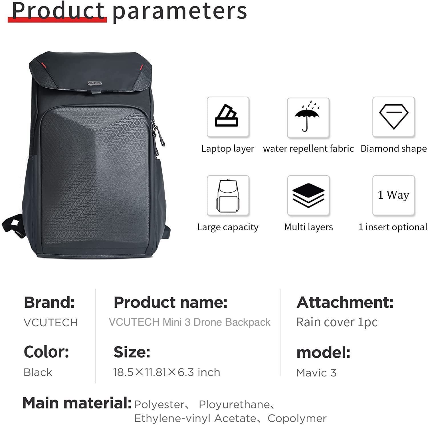 VCUTECH Mini 3 Pro Drone Water-Resistant Backpack Compatible with DJI Mini 3 Pro, Mini 3 Fly More Kit (Plus) Accessories, and DJI Avata Fly Smart Combo, with Full Protection (Backpack)