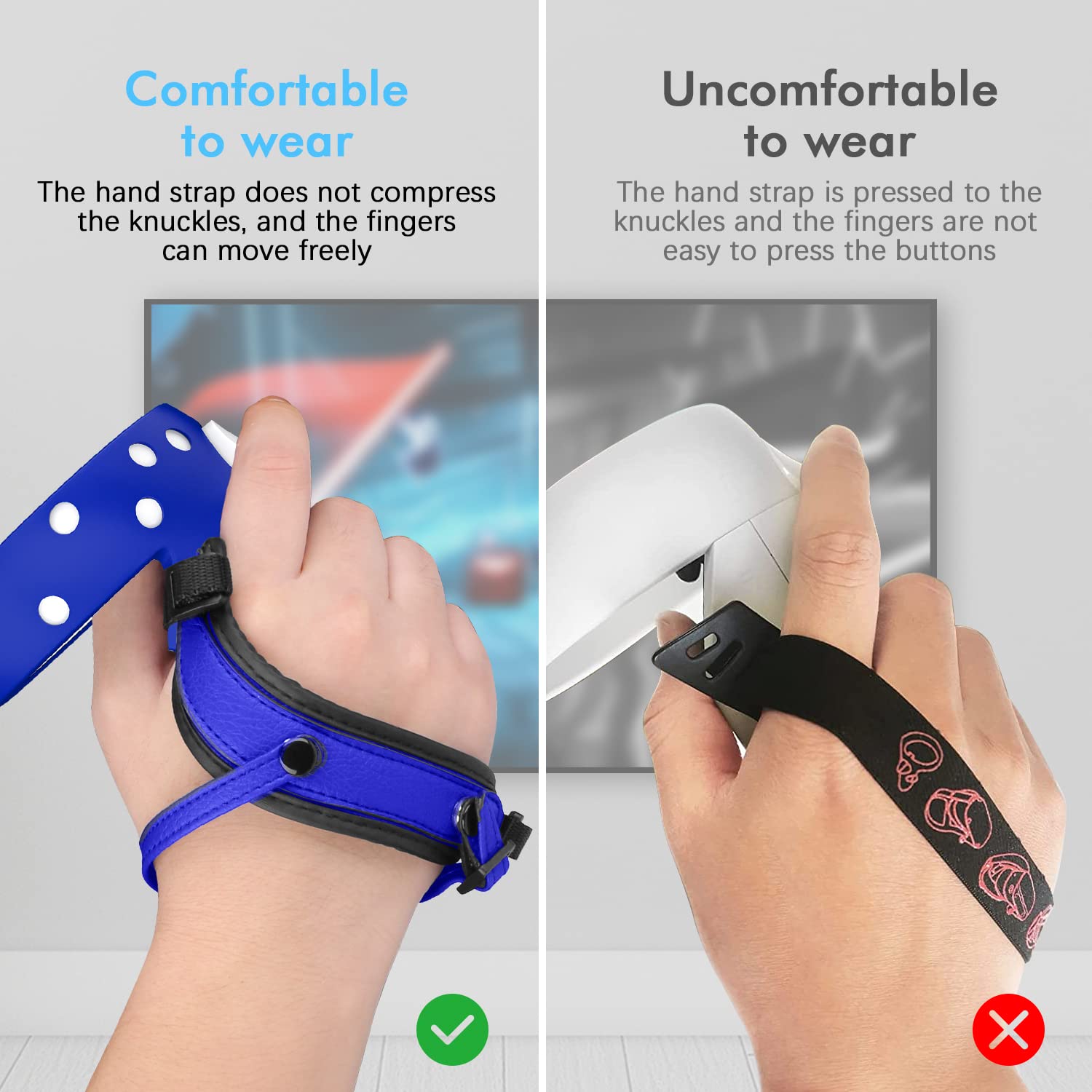 Touch Controller Grip Leather Cover for Oculus Quest 2, EWalos Double Protection Anti-Throw Silicone Handle Cover with PU Leather Knuckle Strap, DSLR Hand Strap Style Design(Blue, 1 Pair)