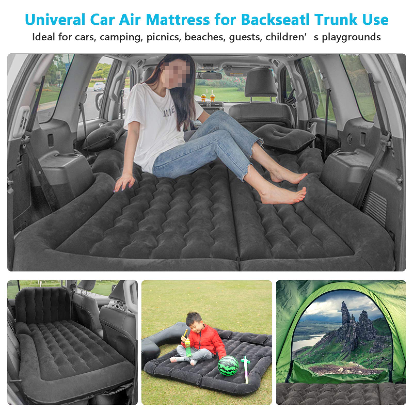 SUV RV Air Mattress Car Bed Camping Cushion Pillow - Inflatable Thickened Car Air Bed with Electric Air Pump Flocking Surface Portable Sleeping Pad for Travel Camping Minivan Van Trunk
