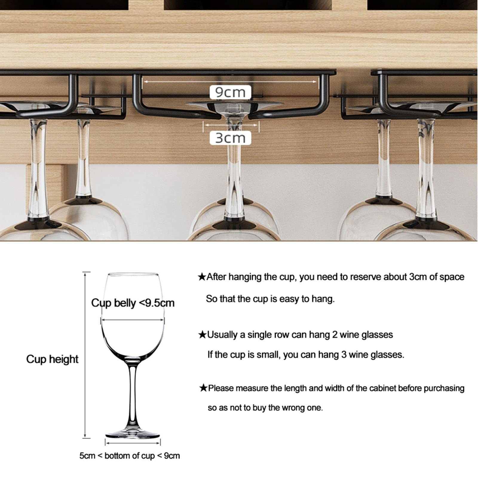 Under Cabinet 2/3/4 Row Wine Glass Holder, Stemware Holder Stand, Hanging Champagne Goblets Holders, Wine Glass Drying Rack, Wine Cup Display Stand, Holds Up To 12 Glasses (Size : 4Row)