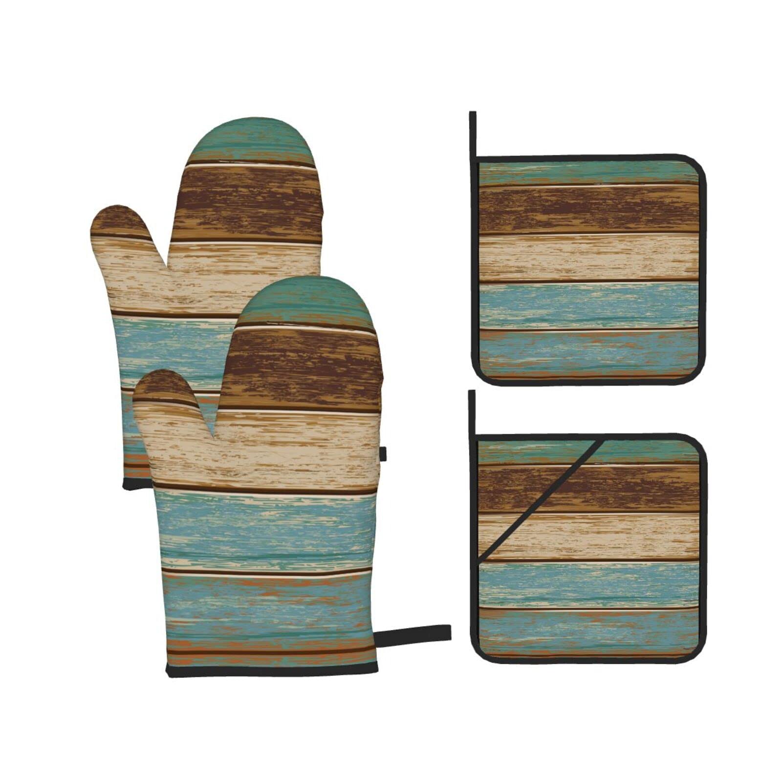 Retro Rustic Barn Wood Oven Mitts and Pot Holders Sets Set of 4,Resistant Hot Pads Non-Slip Cotton Lining Gloves for Kitchen Baking Cooking Grilling