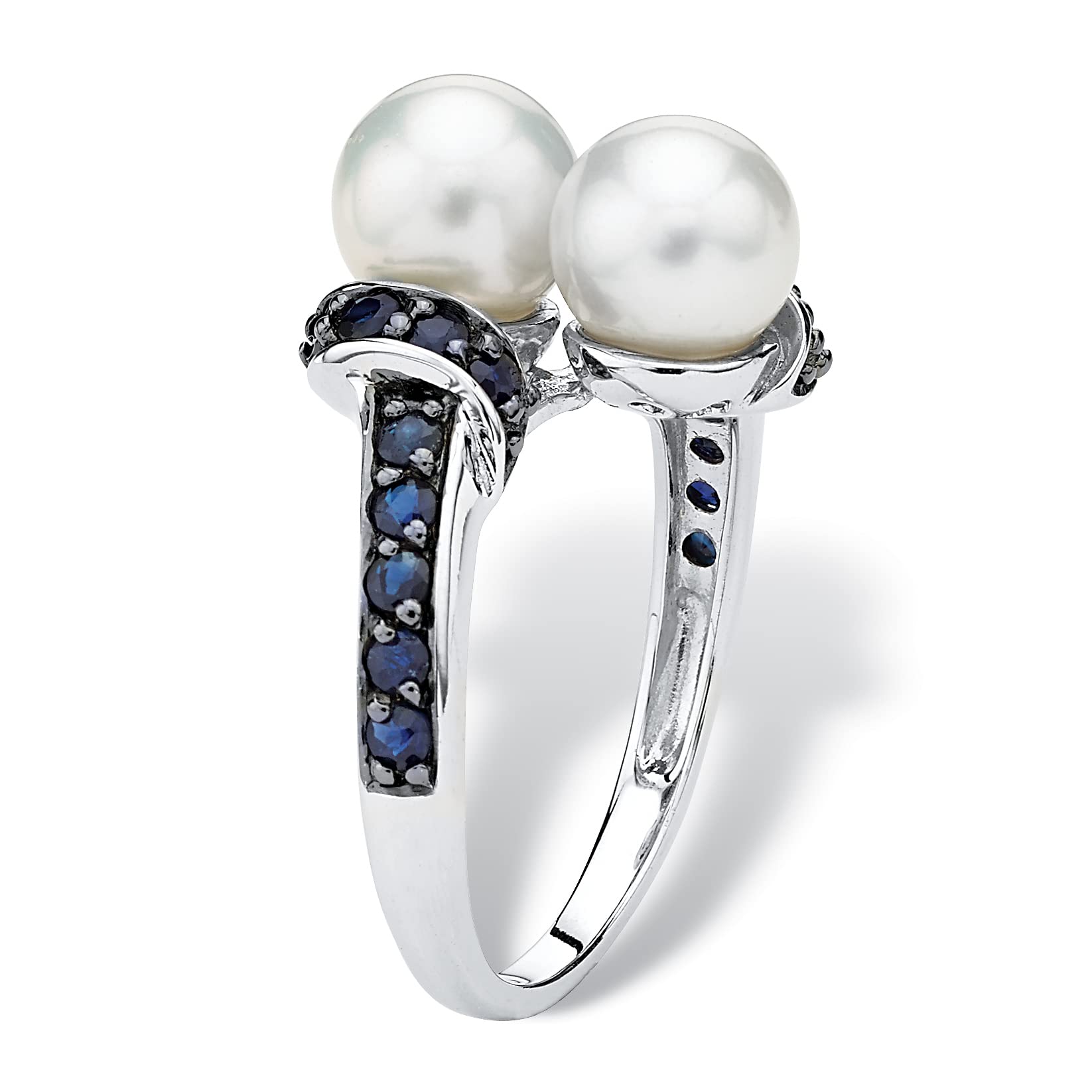 PalmBeach Platinum-plated Sterling Silver Round Genuine Cultured Freshwater Pearl and Round Genuine Blue Sapphire Ring Sizes 6-10 Size 7