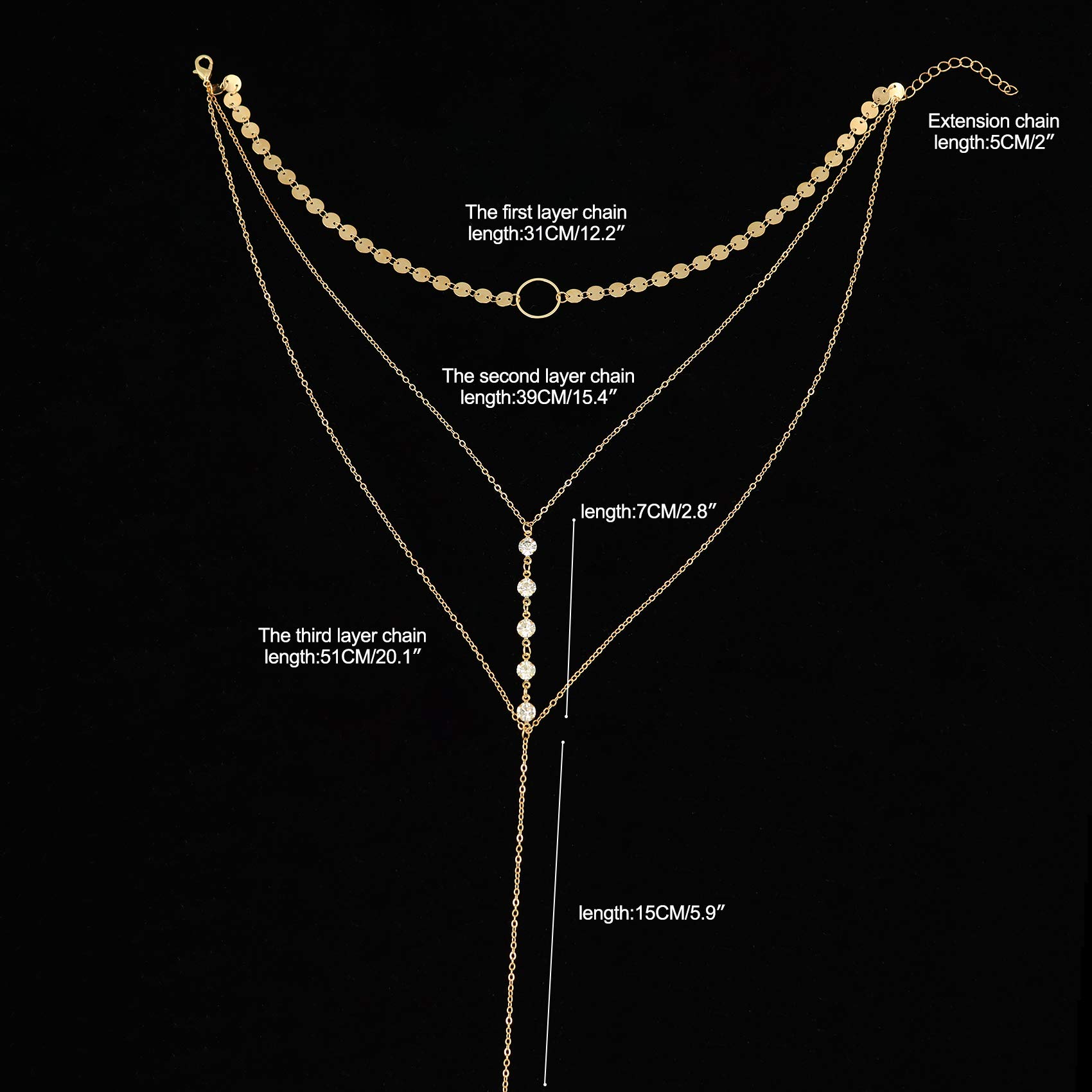 Suyi Stylish Layered Sequins Choker Necklace with Thin Long Chain Pendant for Women Lady (Crystal Gold)