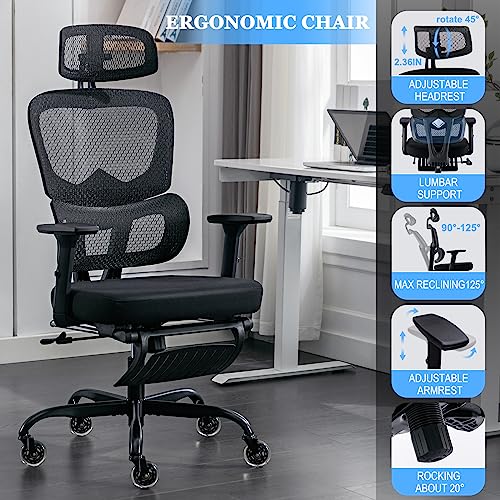NOKAXUS Big and Tall Ergonomic Office Chair with Adjustable Footrest Armrest Headrest,Breathable Mesh Desk Chair