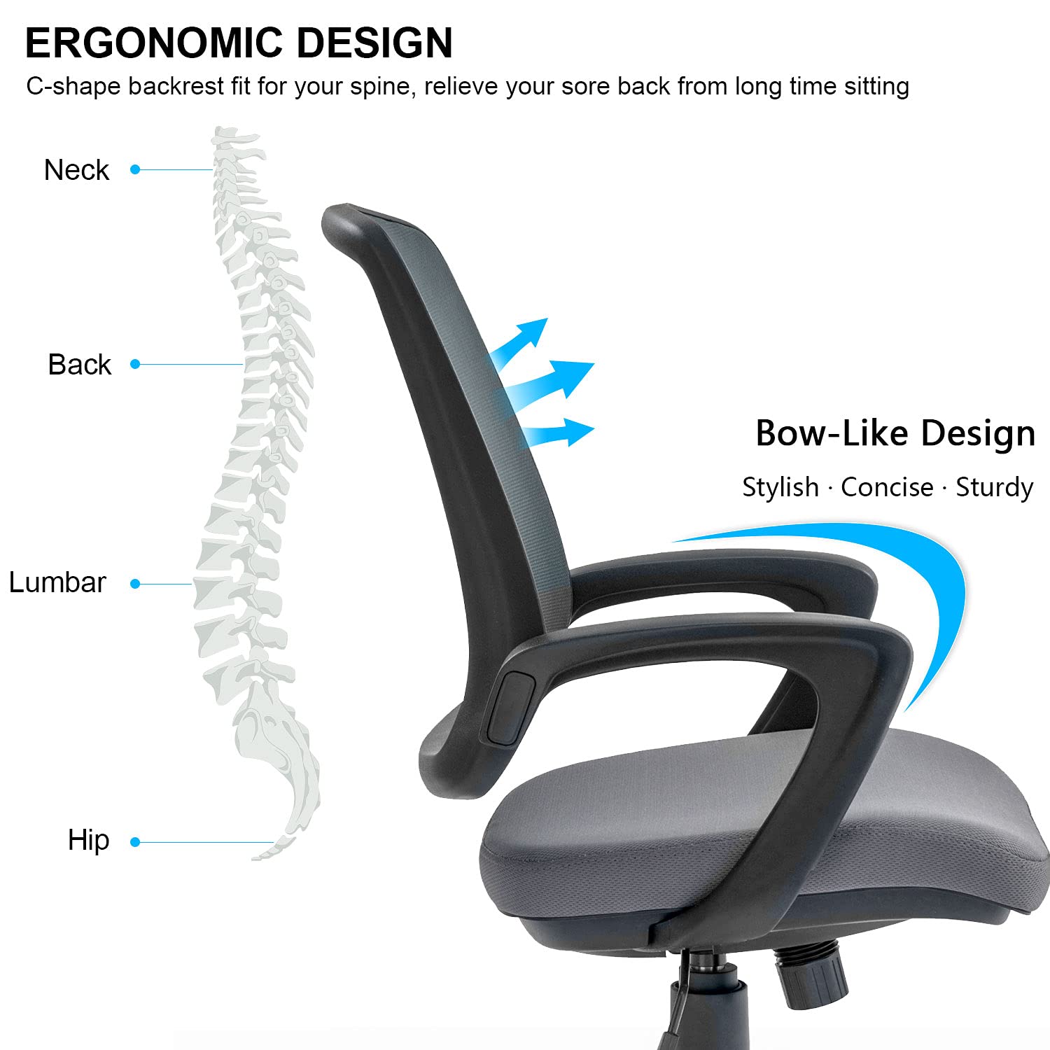 QY Home Office Chair Ergonomic Desk Chairs with Wheels & Arms, Swivel Task Mesh Chair for Small Space, Gray