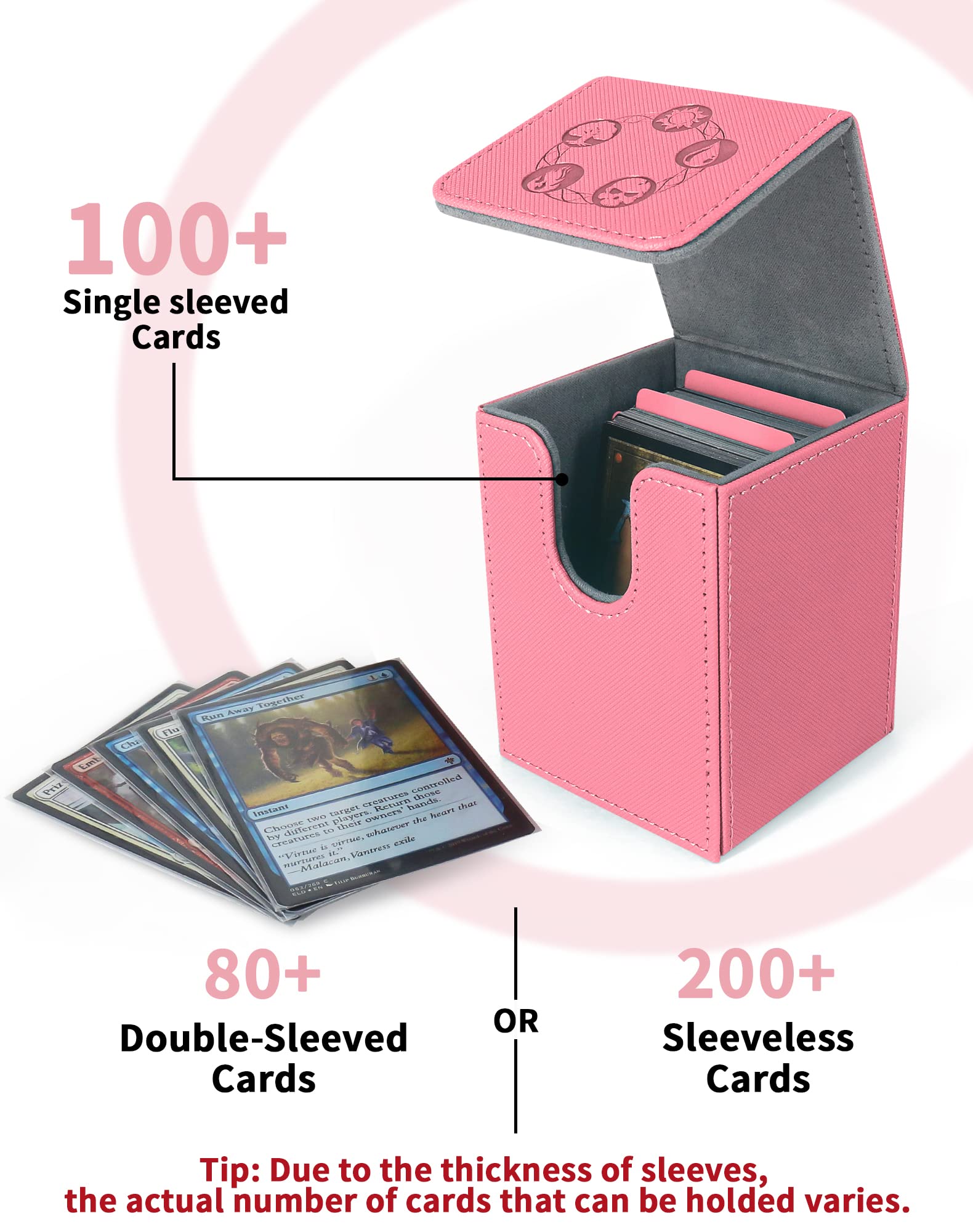 ZLCA Card Deck Box for MTG, Card Storage Box Fits 100+ Single Sleeved Cards, PU Leather Strong Magnet Card Deck Case for Magic Commander TCG Cards (Pink)