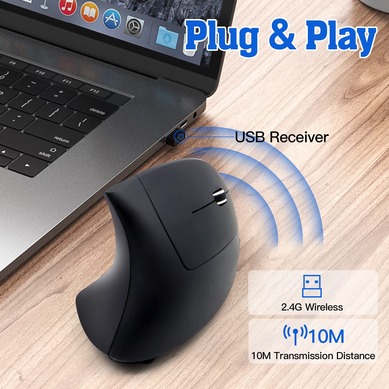 VEGCOO Vertical Wireless Mouse, 2.4GHz Rechargeable Ergonomic Mouse, Optical Mice with Comfortable Frosted Texture, 3 Adjustable DPI Office Computer Mice Compatible with PC,Desktop,Laptop