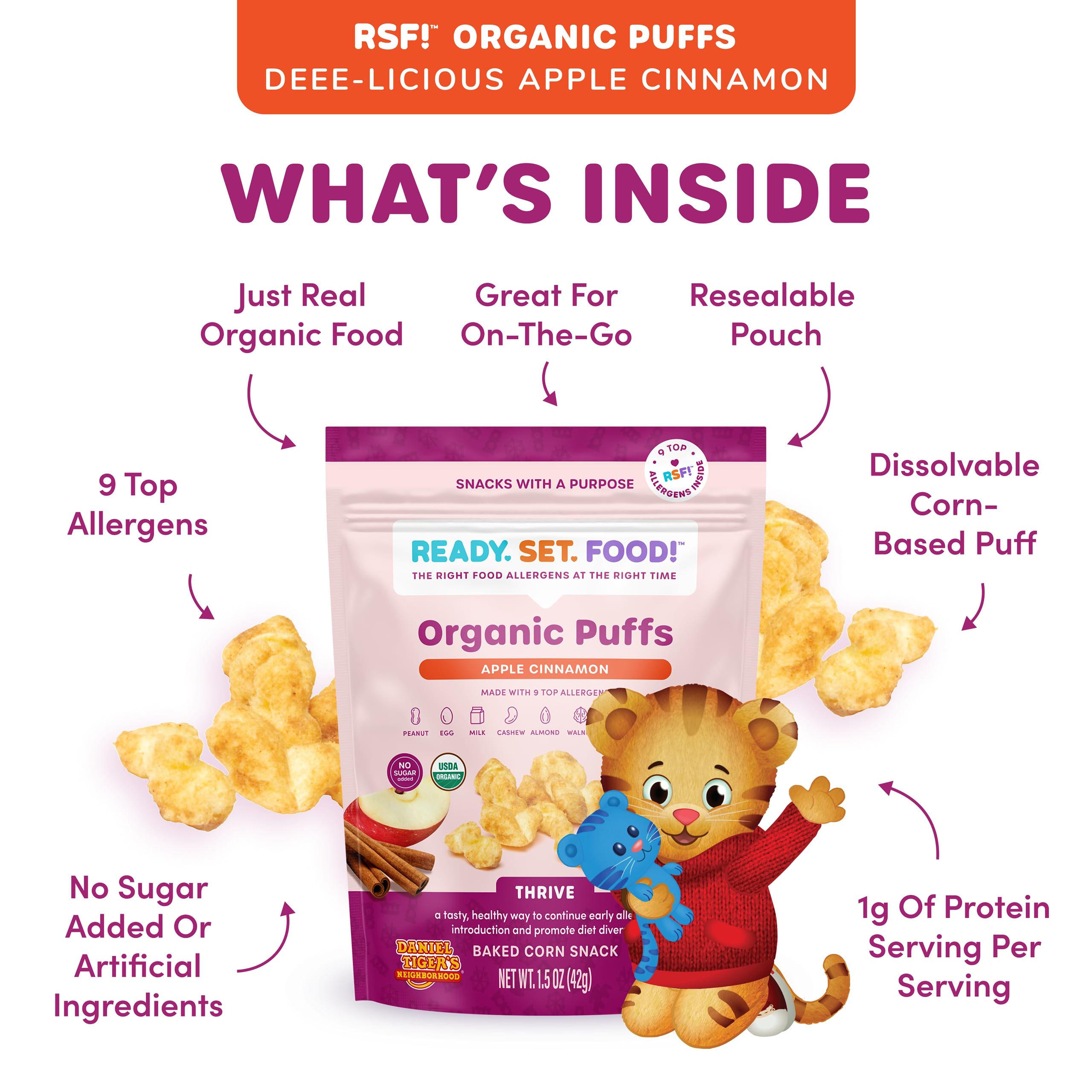 Ready Set Food Organic Puffs – Early Allergen Introduction Snack Puffs w/ 9 Top Allergens: Organic Peanuts, Cashew, Egg & More, No Added Sugar, Babies 8+ Months (AC & PB, 2-Pk)