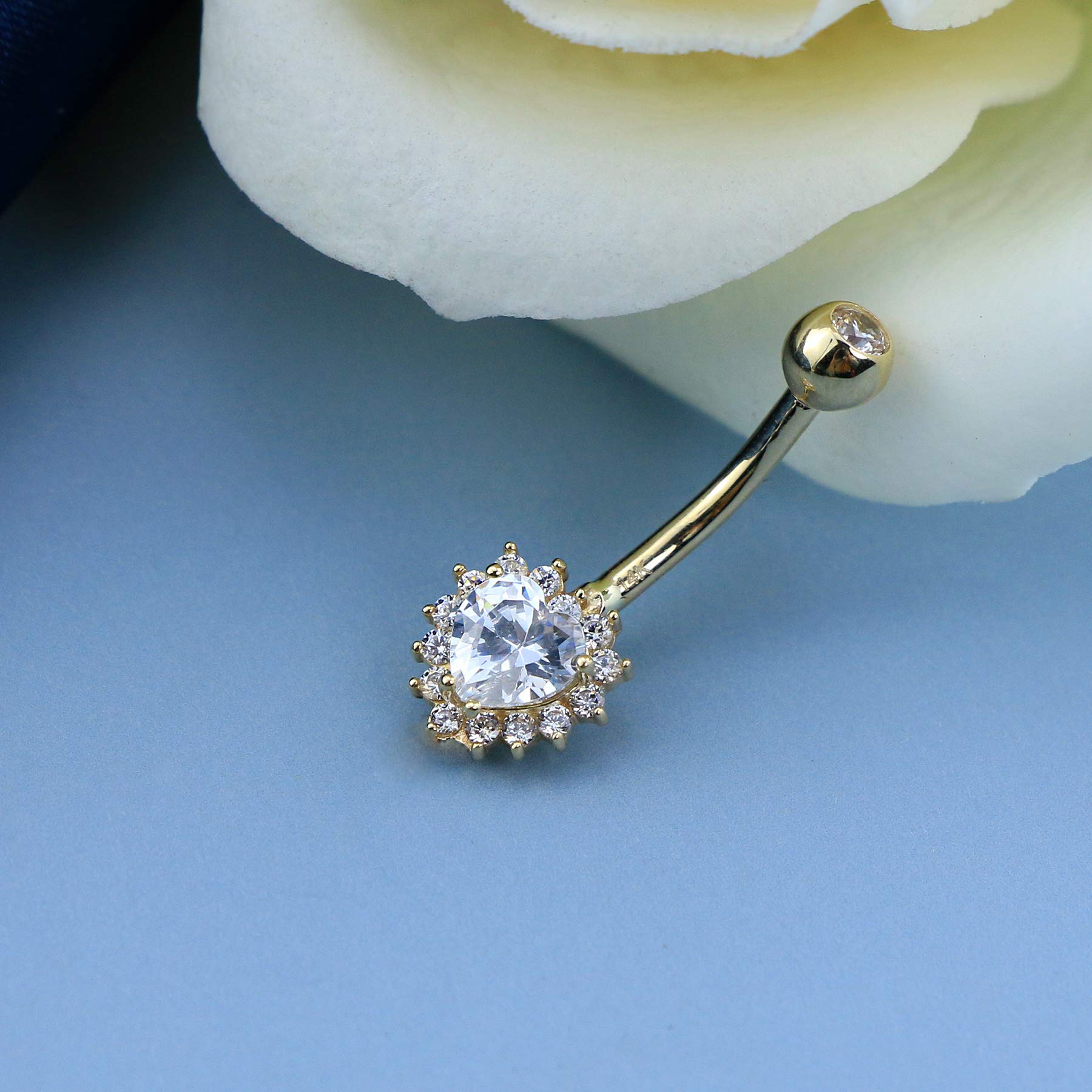 OUFER 14K Solid Gold Heart Belly Button Piercing Small Sun Flower Navel Button Ring Clear 5A Cubic Zirconia Design Belly Rings Piercing Jewelry