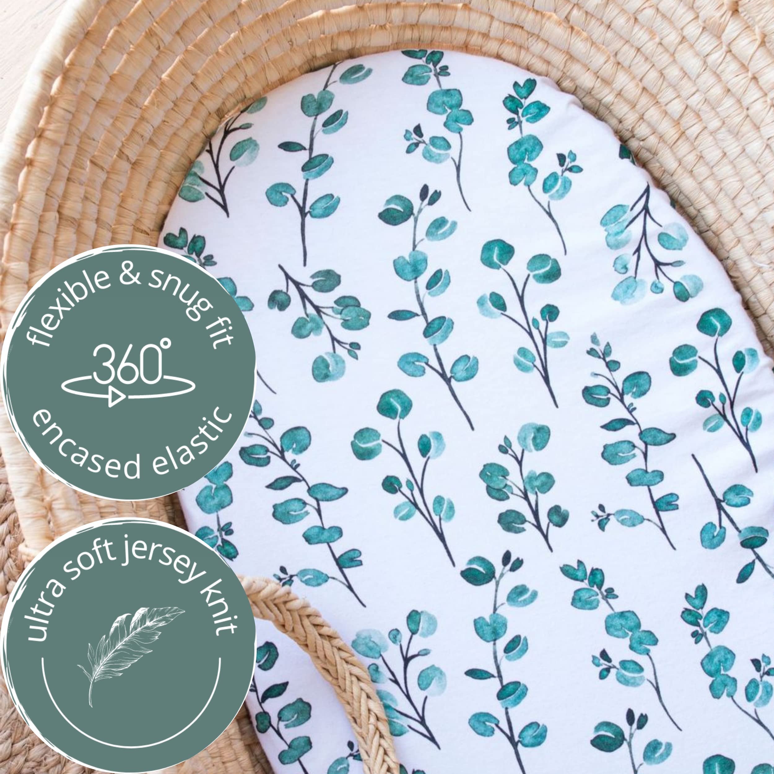 POPPI & MAX: 100% Organic Bassinet Sheets β Premium Jersey Cotton 3-Sheet Set for Baby Girl or Boy | Fitted Sheets for Oval, Rectangle, Halo Bassinet Pads & Moses Basket | Boho Floral Eucalyptus Leaf