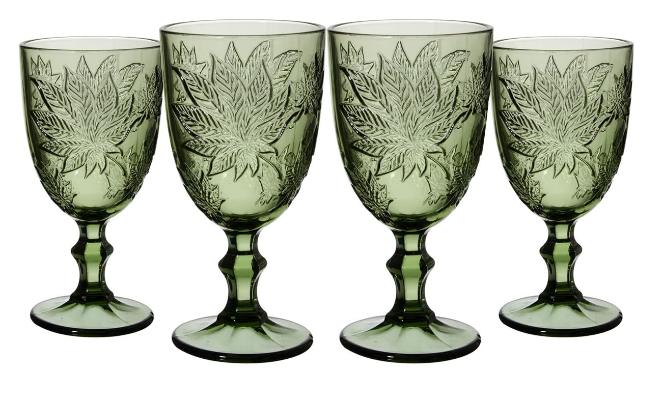SANHECUN Wine Glasses Set Embossed Vintage Style Goblets 10 oz Green Set of 4(4, Wine Goblet 10 oz)