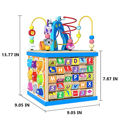 Wooden Baby Activity Cube for Toddlers 3+,5 in 1 Early Educational Montessori Toy for Toddlers,Abacus Blocks Bead Maze Spinning Gear Shape Sorter Learning Clock,First Birthday Gifts for Boys Girls.