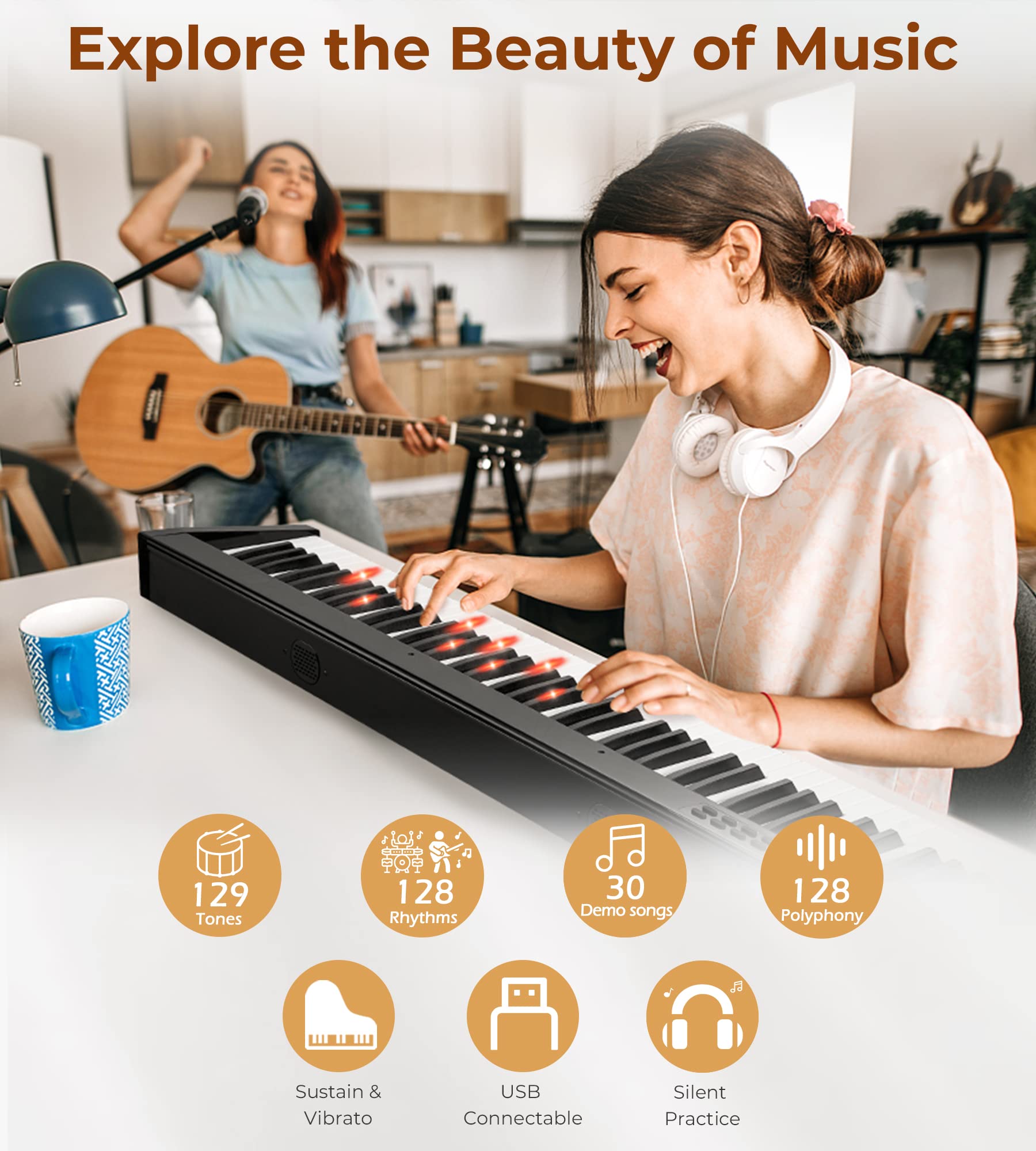 Vangoa Portable Piano Keyboard for Beginner, 88 Lighted Keys for Learning Full Size Piano, Wireless Connection, Sustain Pedal, Power Supply and Gig Bag, Black