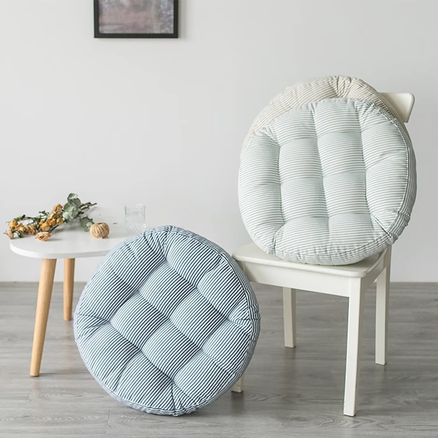 Striped Chair Cushion Round Floor Pillow,Thickened Seat Cushion Canvas Fabric Pearl Cotton Filled Inner Core,Home Office Soft Chair Cushions 17'' Blue