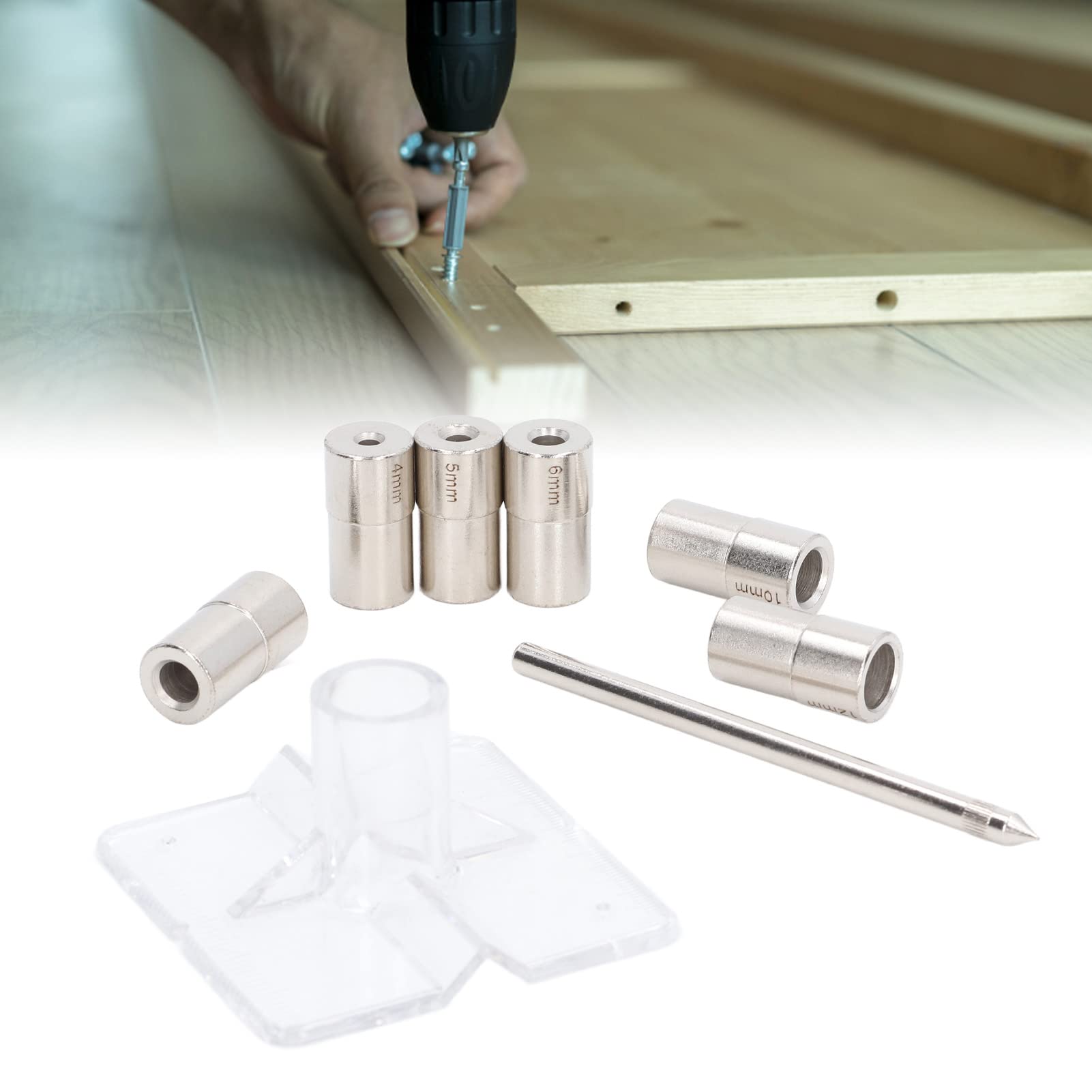 Orenic 8 Pcs Self Centering Dowel Jig Kit, 6 Size Inner Diameter Alloy Steel Drill Bushing Drill Bit Guide Centering Punch Set, Drill Guide Bushings Set, Wood Dowel Jig Woodworking Joints Tools